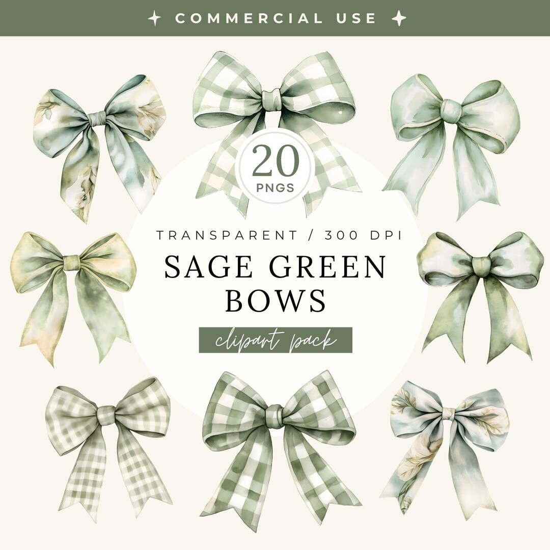 Sage Green Bows Clipart Pack, Gingham Coquette Florals PNG, Watercolor ...