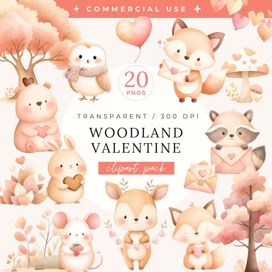 Woodland Valentine Clipart Pack, Watercolor Cute Baby Animals for ...