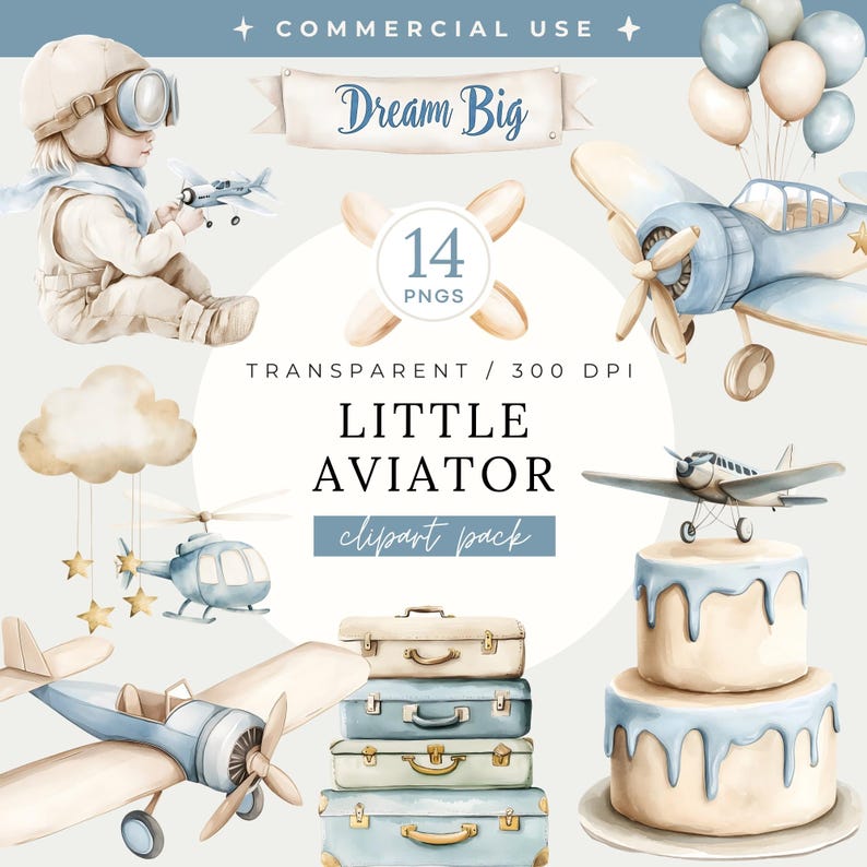 Little Aviator Clipart Pack, Kid Pilot Boy, Watercolor Airplane, Beige ...