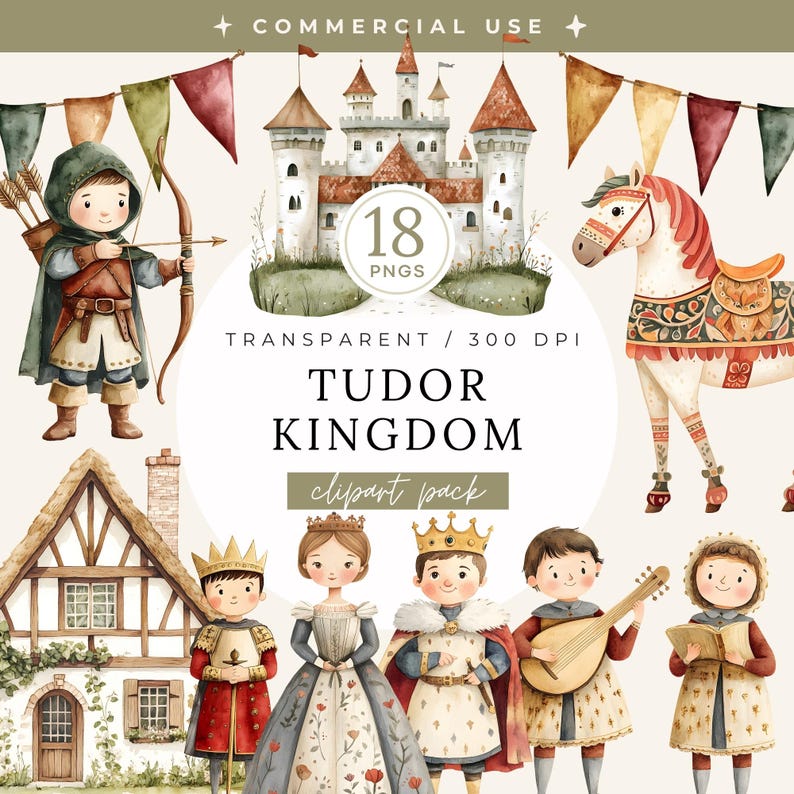 Tudor Kingdom Clipart Bundle, Watercolor Medieval King & Queen PNG, Old ...