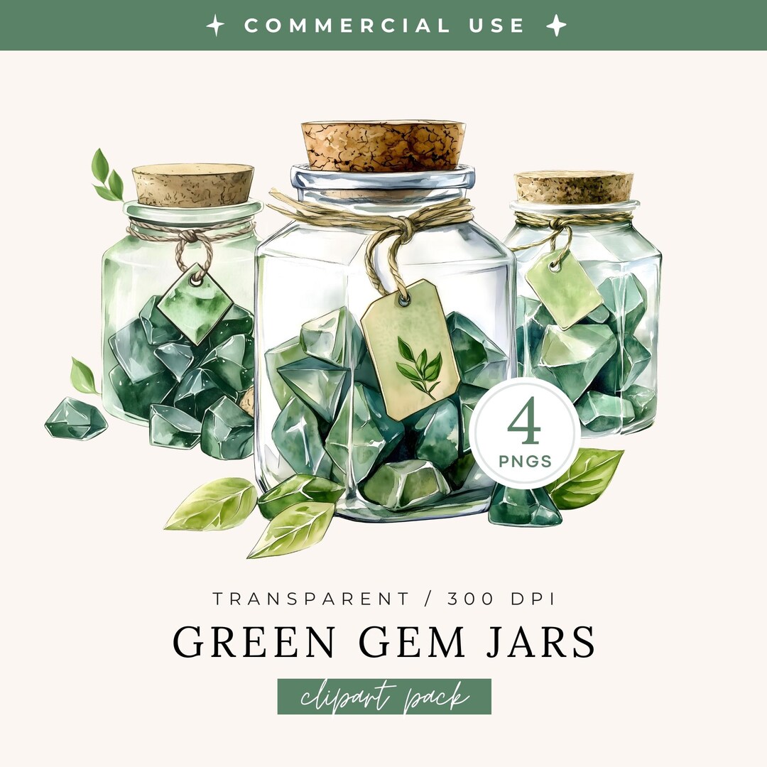 Green Gem Jars Clipart Pack, Watercolor Healing Crystals, Cute ...