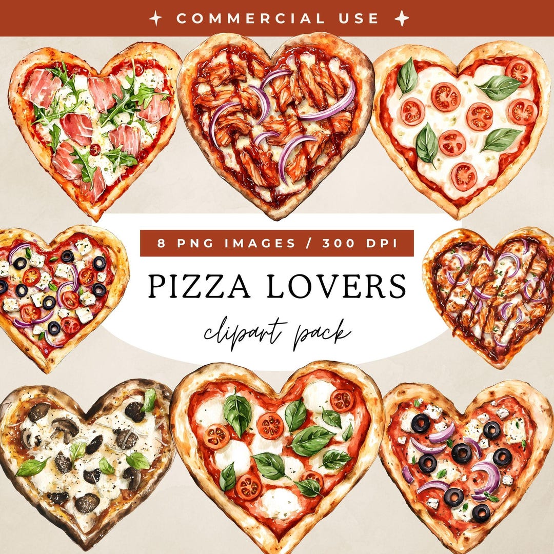 Pizza Lovers Clipart Pack, Pizza Party Clip Art, Watercolor Romantic ...