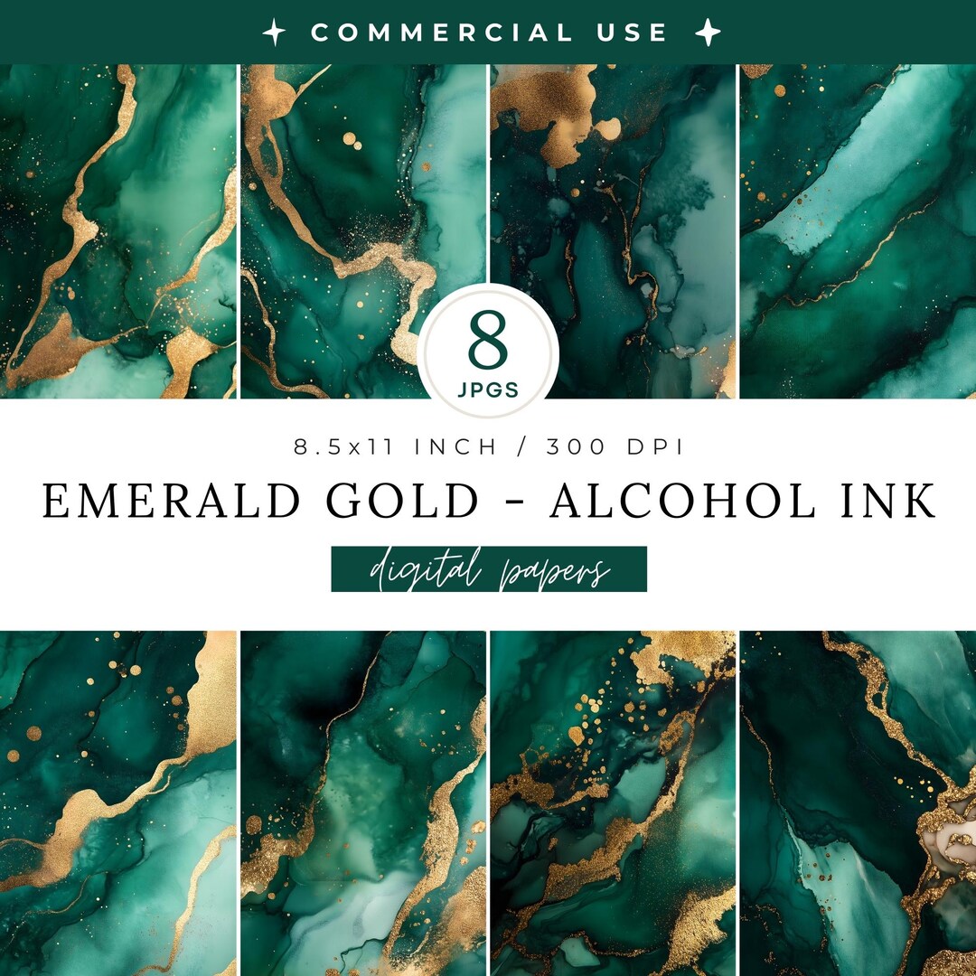 Emerald Green and Gold Alcohol Ink Digital Papers, Wedding Invitation ...