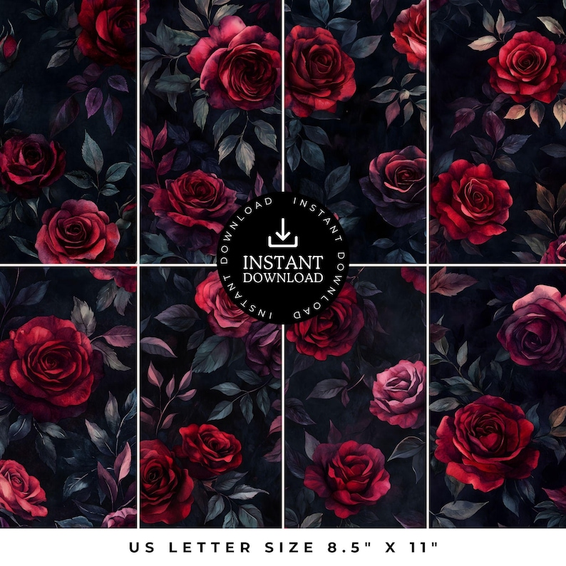 Gothic Florals Digital Pages, Dark Watercolor Roses Clipart Textures ...