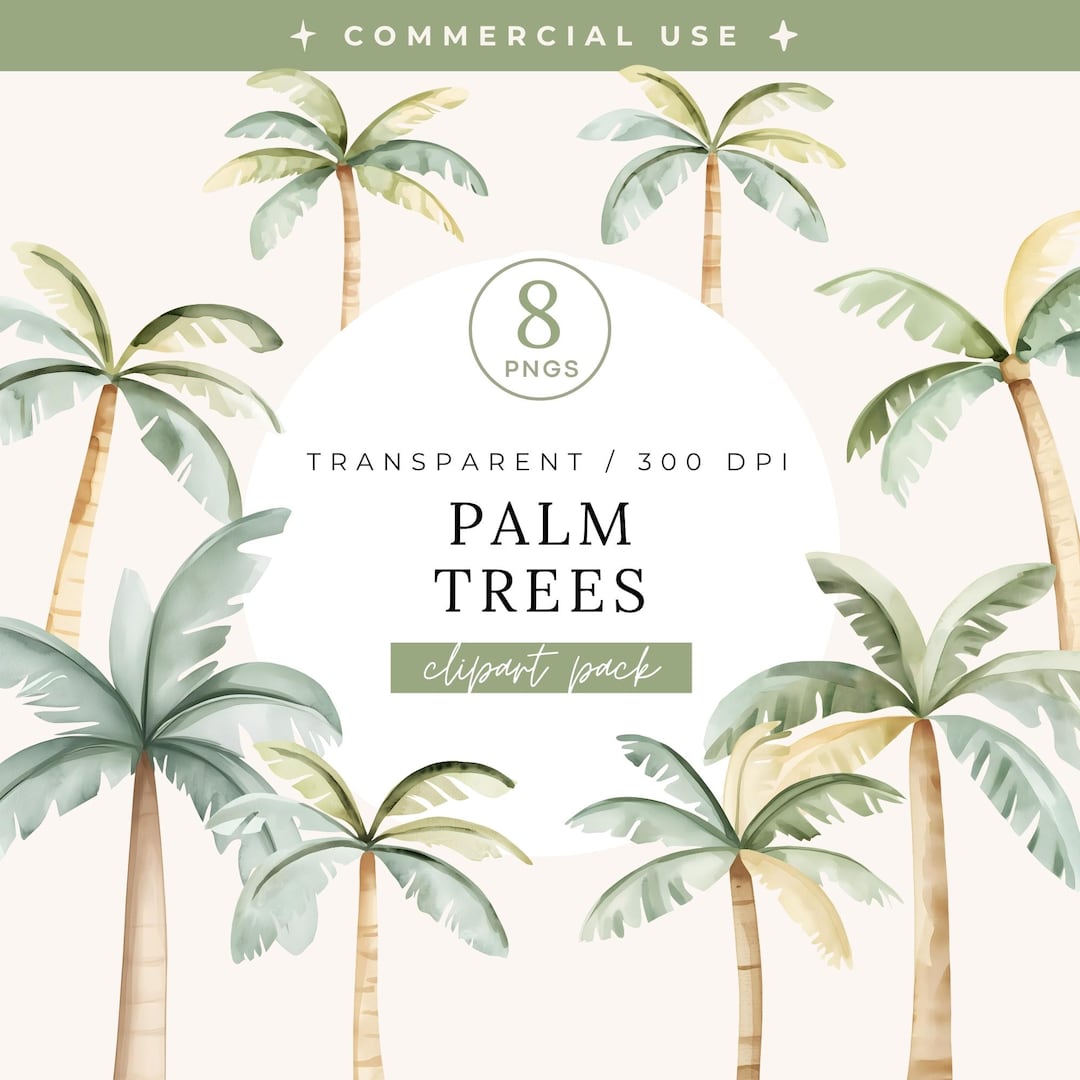 Palm Trees Clipart Pack, Watercolor Tropical Greenery Pngs, Beach ...