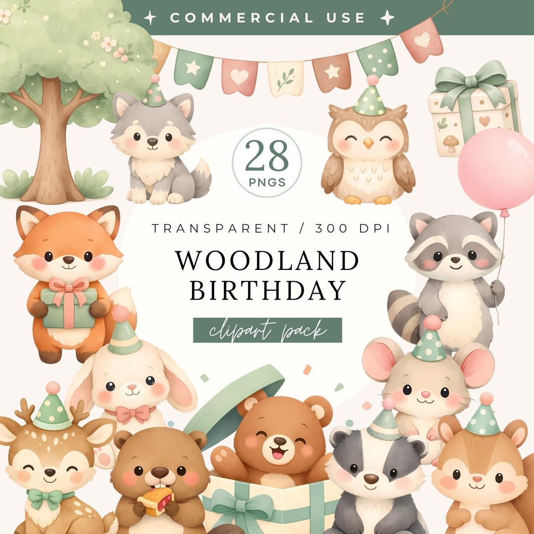 Woodland Birthday Animals Clipart Pack, Watercolor Forest Party PNG ...