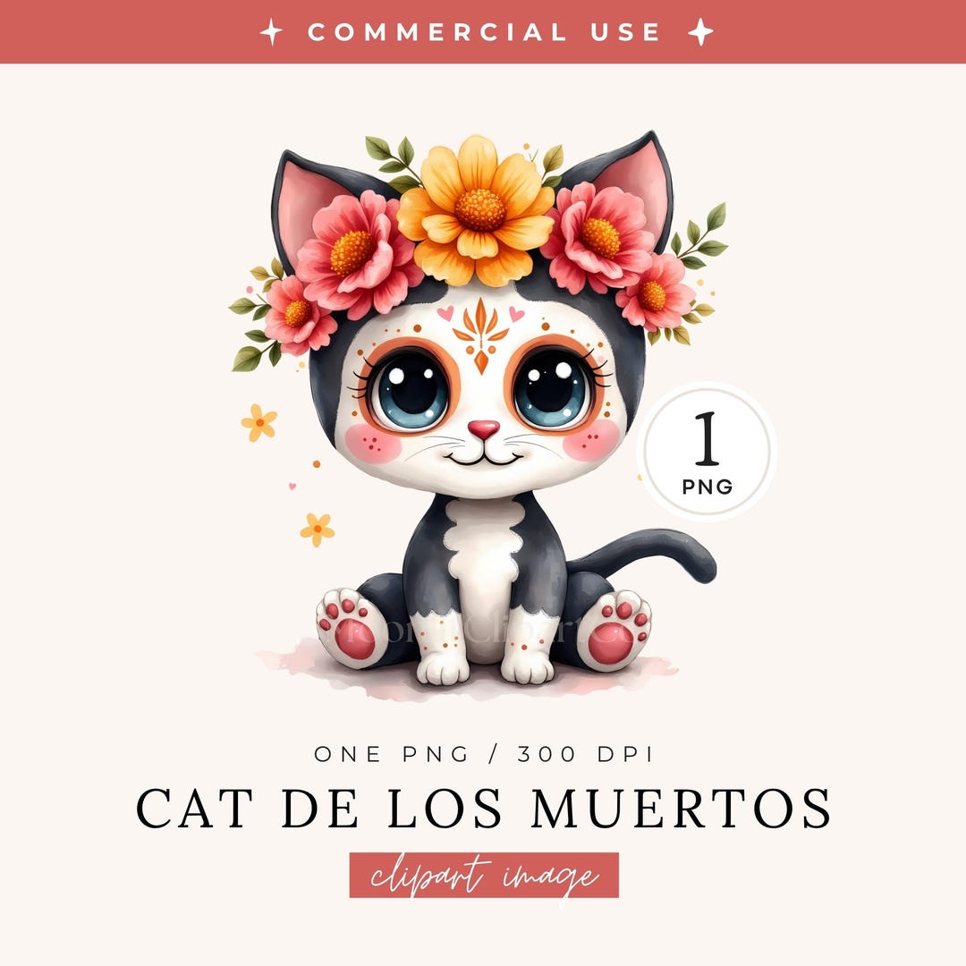 Cat De Los Muertos Clipart | SINGLE IMAGE | Watercolor Floral Cat Sugar ...