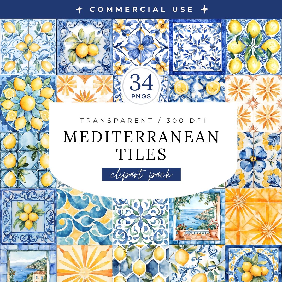 Mediterranean Tiles Clipart Set, Watercolor Blue and White Azulejo ...