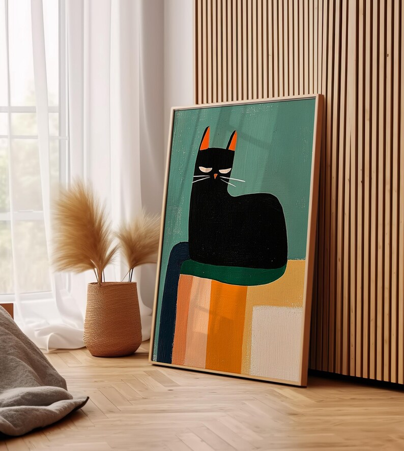 Modern Minimalist Black Cat Art | Abstract Feline Wall Decor | Mid ...