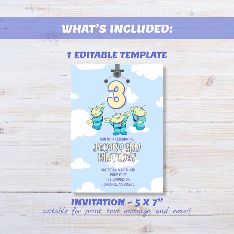 Alien Toy Story Third Birthday Party Invitation Template Printable, PDF ...
