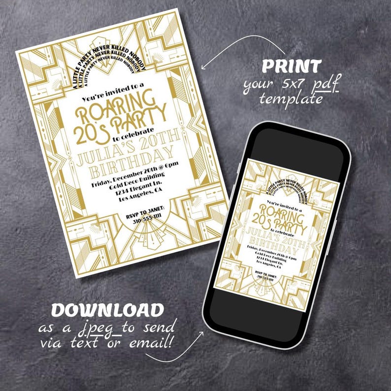 Roaring 20s & Great Gatsby Birthday Invitation (white), Birthday ...