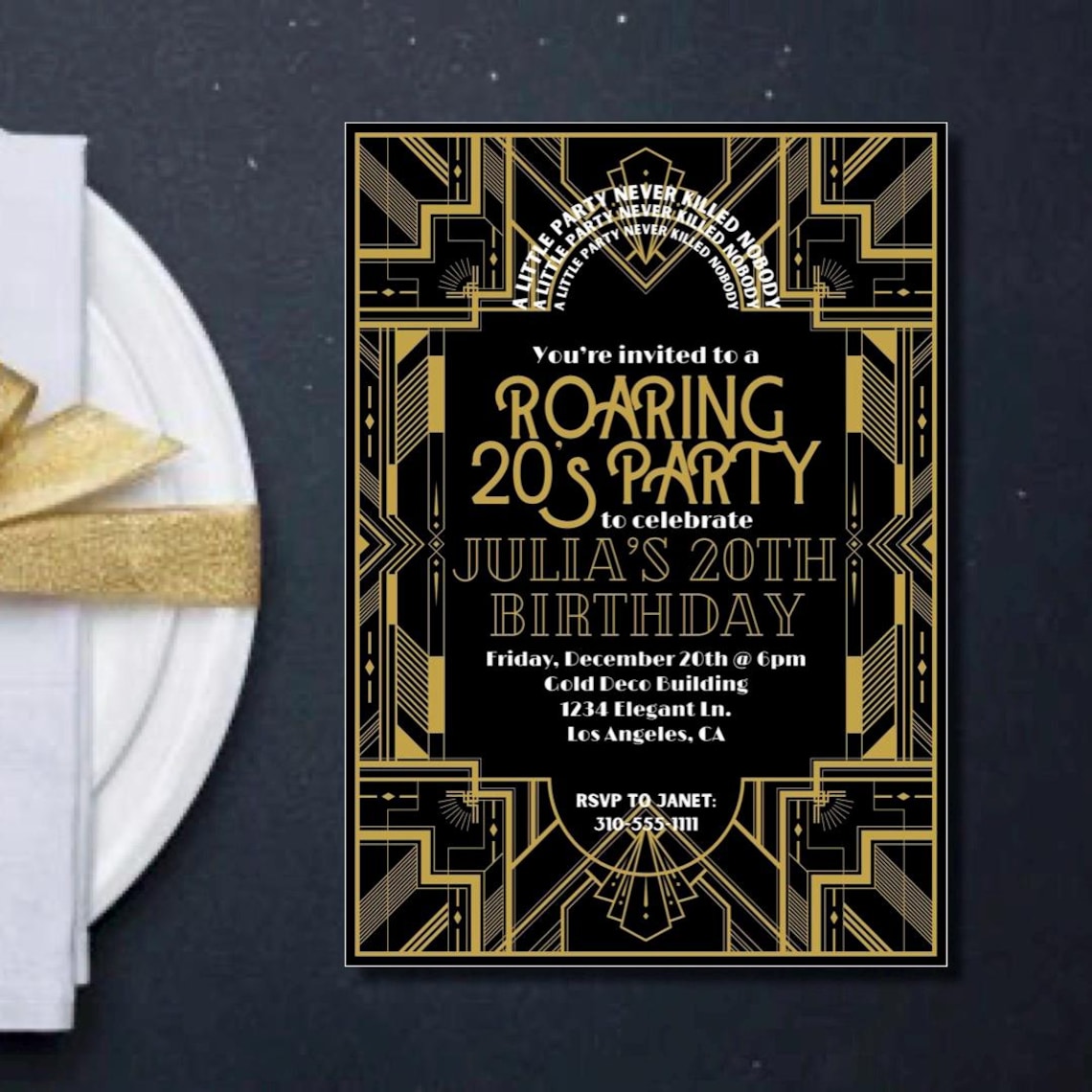 Roaring 20s & Great Gatsby Birthday Invitation (black), Birthday ...