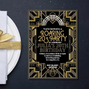Roaring 20s & Great Gatsby Birthday Invitation (black), Birthday ...