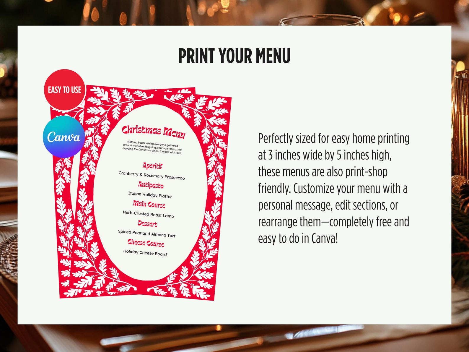 Christmas Menu Card, Fun Menu Card Template, Menu Card Foliage, Holiday ...