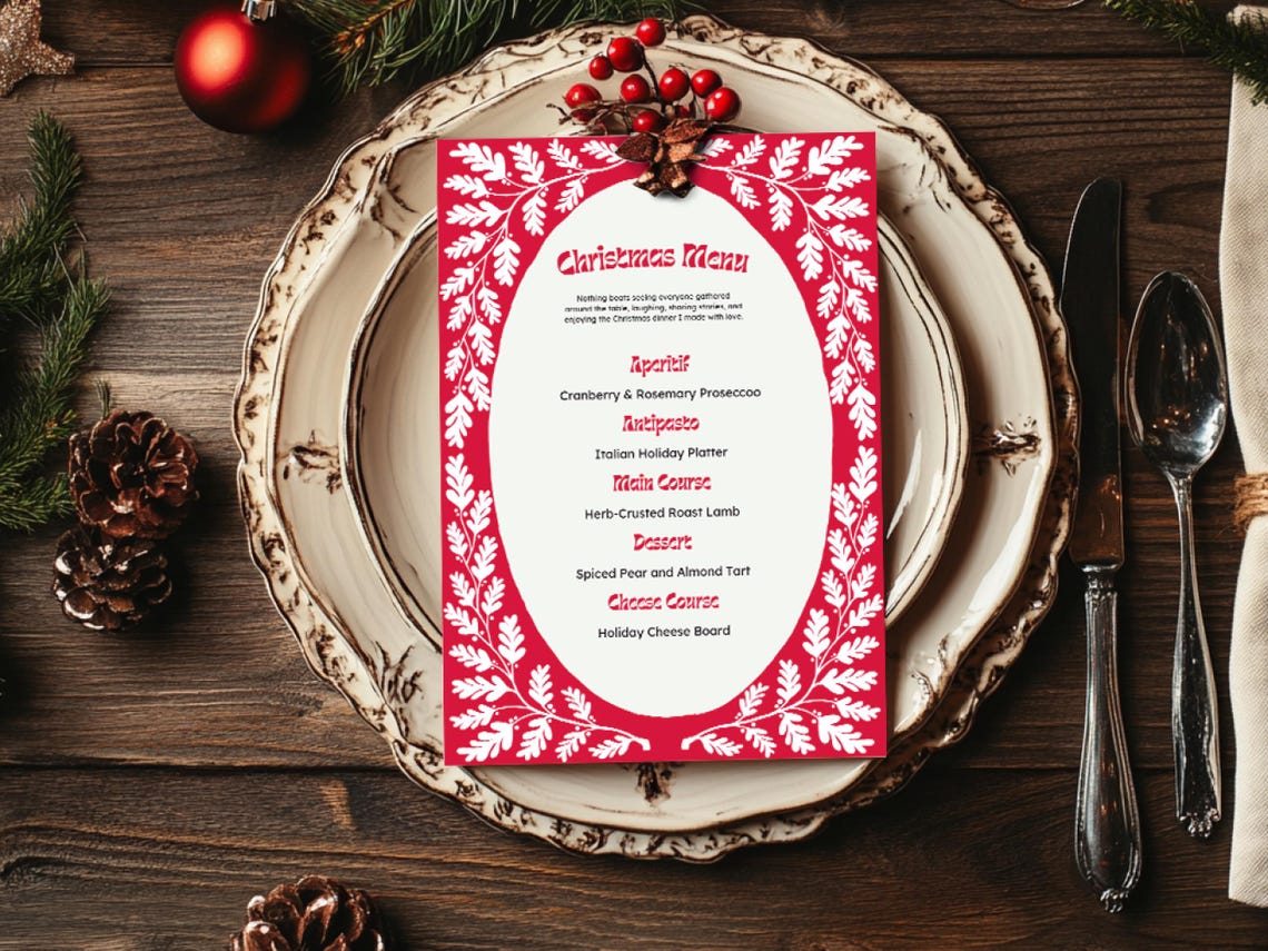 Christmas Menu Card, Fun Menu Card Template, Menu Card Foliage, Holiday ...