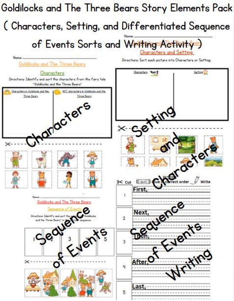 Goldilocks and the Three Bears Story Elements Picture Sorts and Writing ...