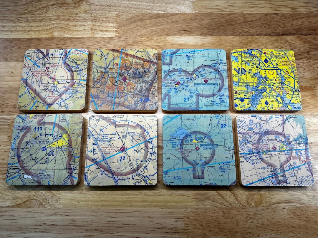 Aviation VFR Sectional Chart Wood Coasters Airport of Choice Set of 4 ...