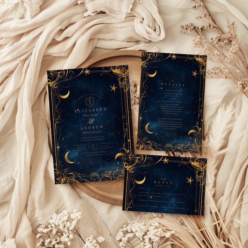 Celestial Wedding Invite Suite, Instant Download Wedding Suite,moon Stars Wedding, Navy Blue and ...