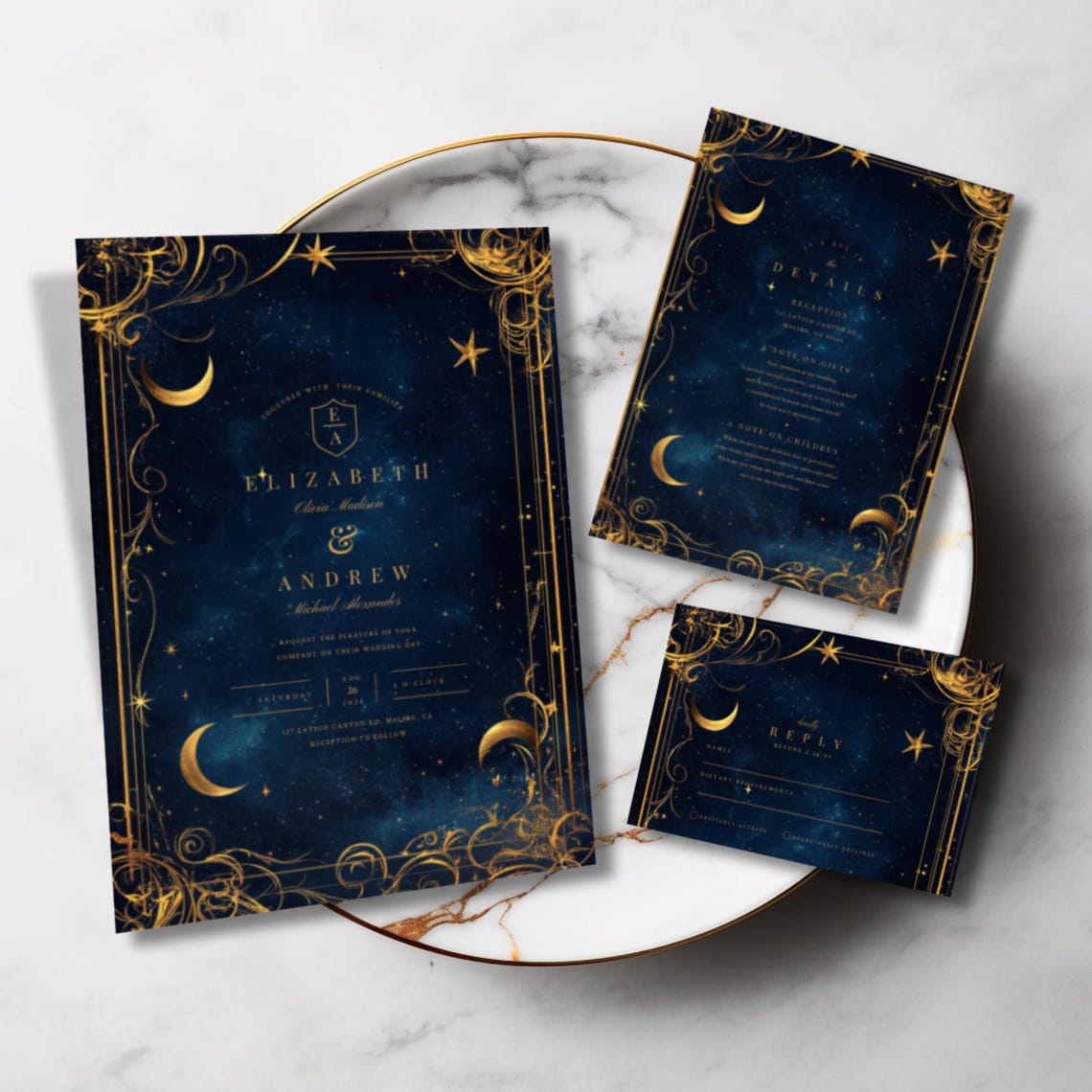 Celestial Wedding Invite Suite, Instant Download Wedding Suite,moon Stars Wedding, Navy Blue and ...
