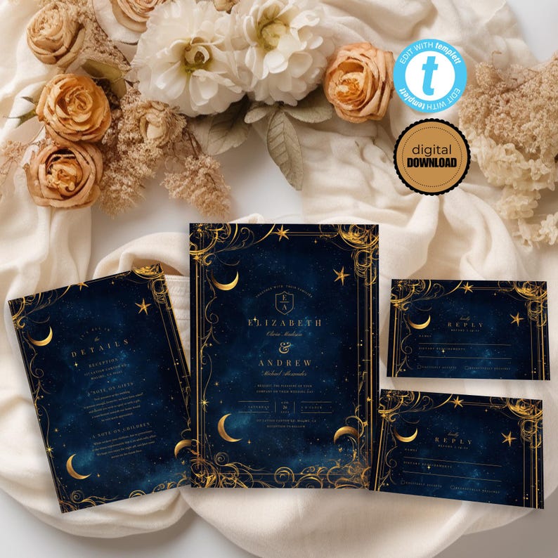 Celestial Wedding Invite Suite, Instant Download Wedding Suite,moon Stars Wedding, Navy Blue and ...