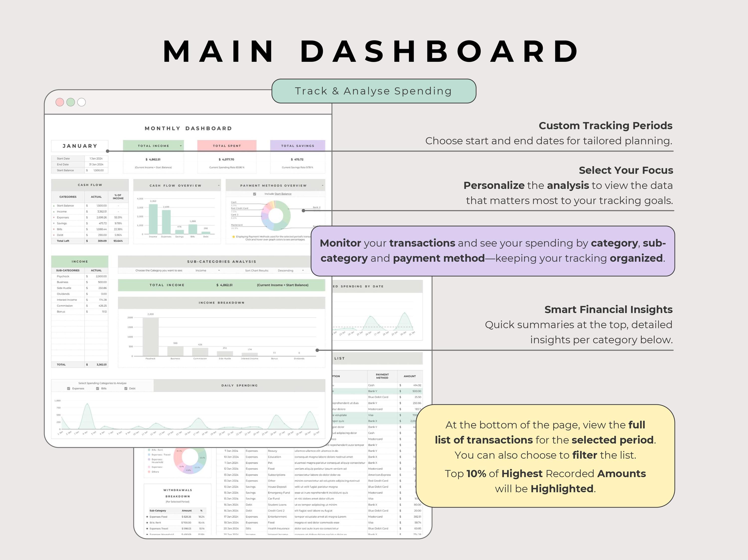Income & Expense Tracker Google Sheets Multicolor, Monthly Paycheck ...