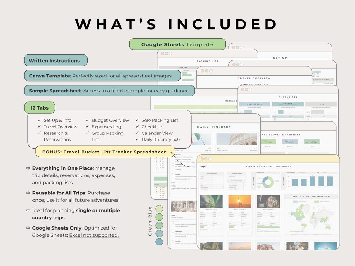 Ultimate Travel Planner Google Sheets Green Blue, Trip Budget ...