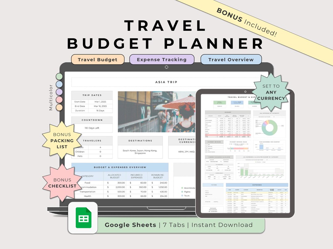 Travel Budget Planner Google Sheets Multicolor Template, Trip Expense ...