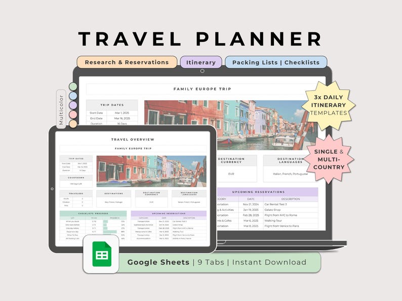 Travel Planner Spreadsheet Multicolor Template, Google Sheets Trip ...