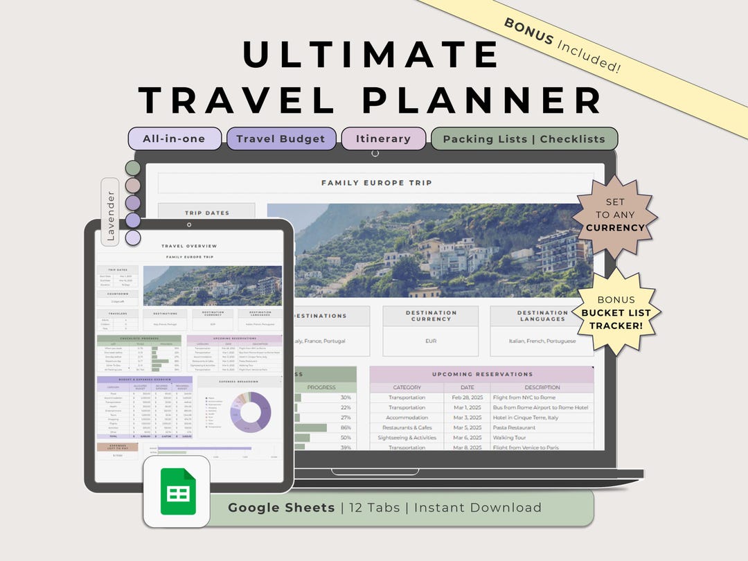 Ultimate Travel Planner Google Sheets Lavender, Trip Budget Expenses ...