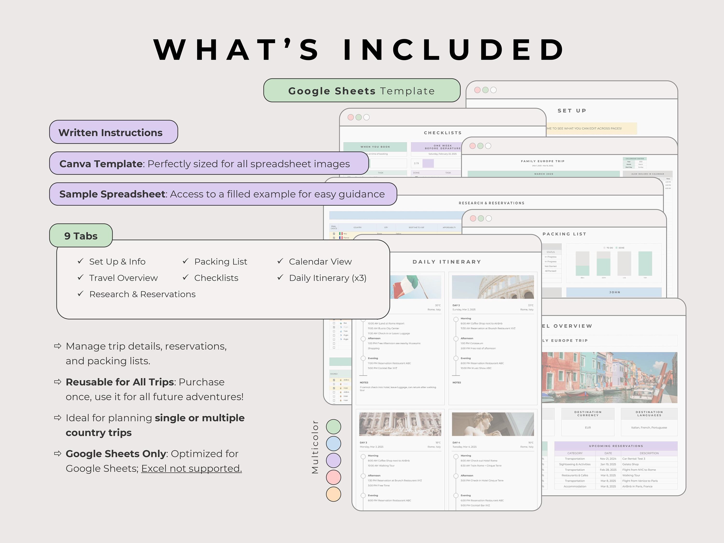 Travel Planner Spreadsheet Multicolor Template, Google Sheets Trip ...