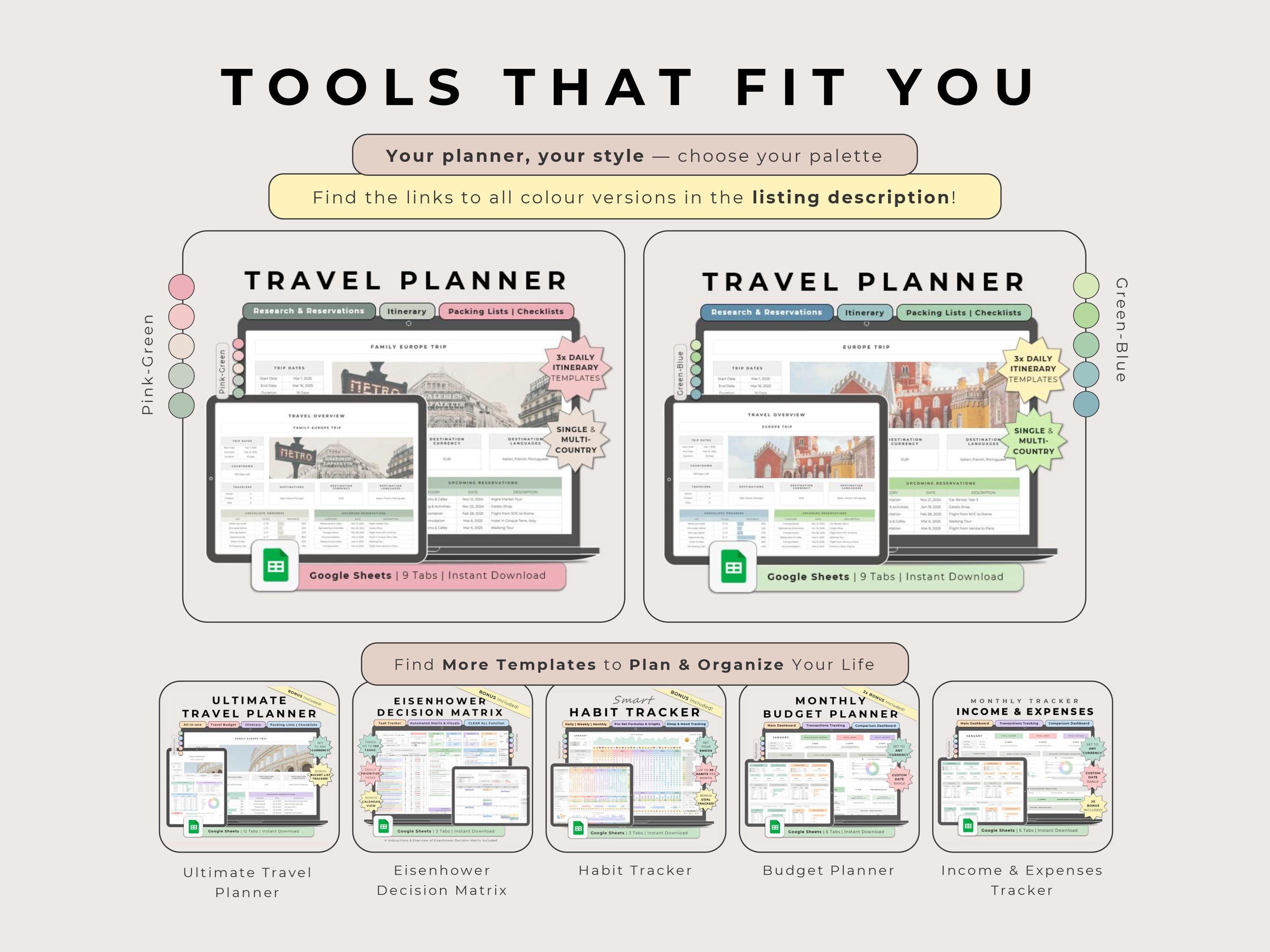 Travel Planner Spreadsheet Multicolor Template, Google Sheets Trip ...