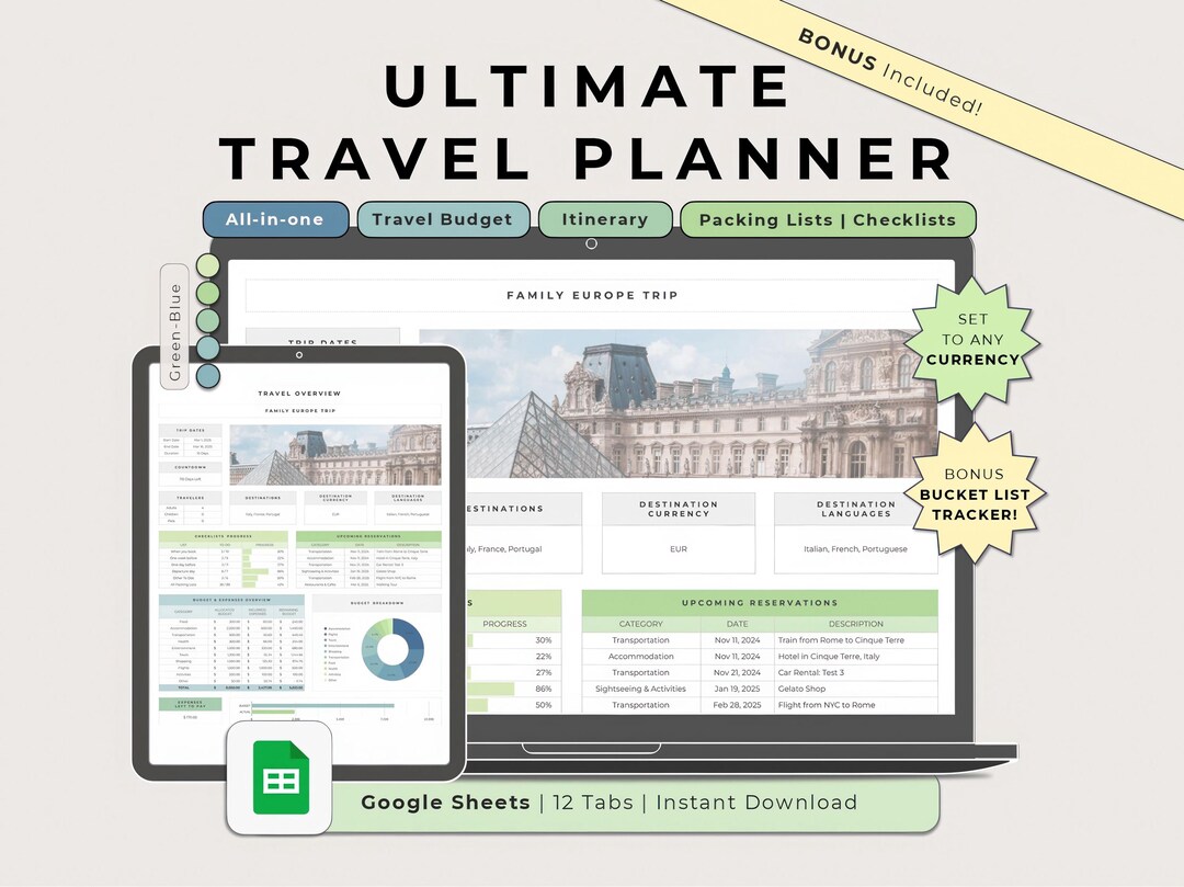 Ultimate Travel Planner Google Sheets Green Blue, Trip Budget ...