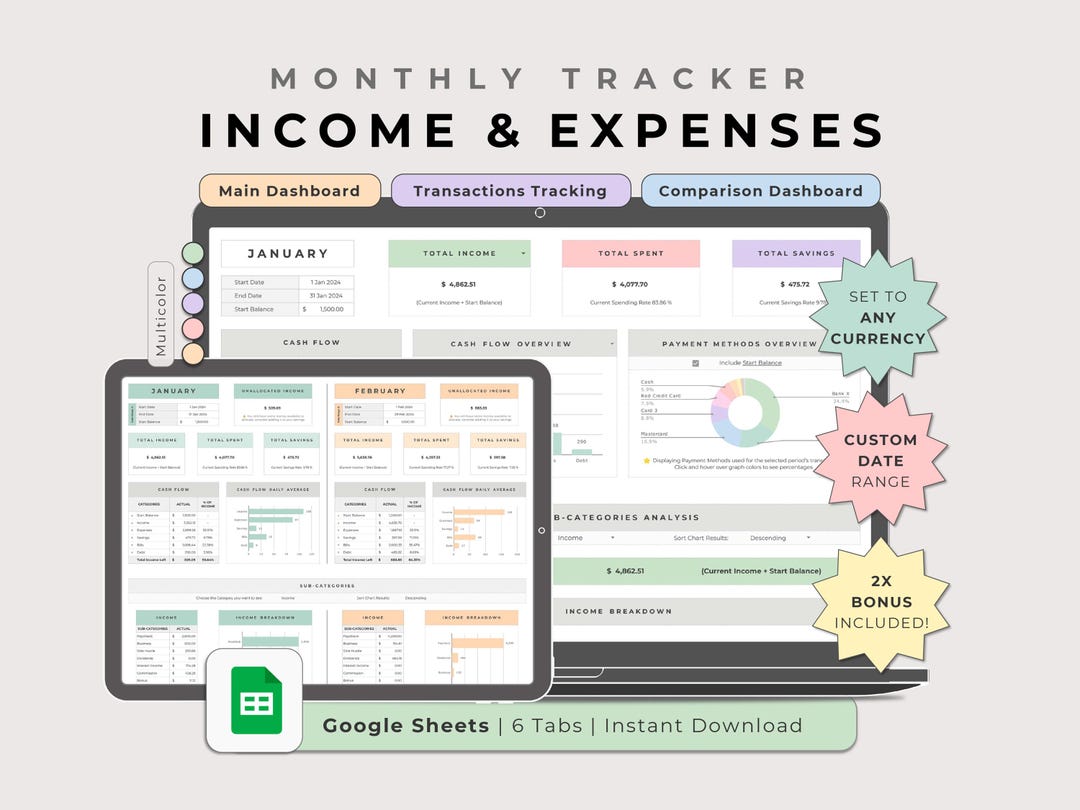 Income & Expense Tracker Google Sheets Multicolor, Monthly Paycheck ...