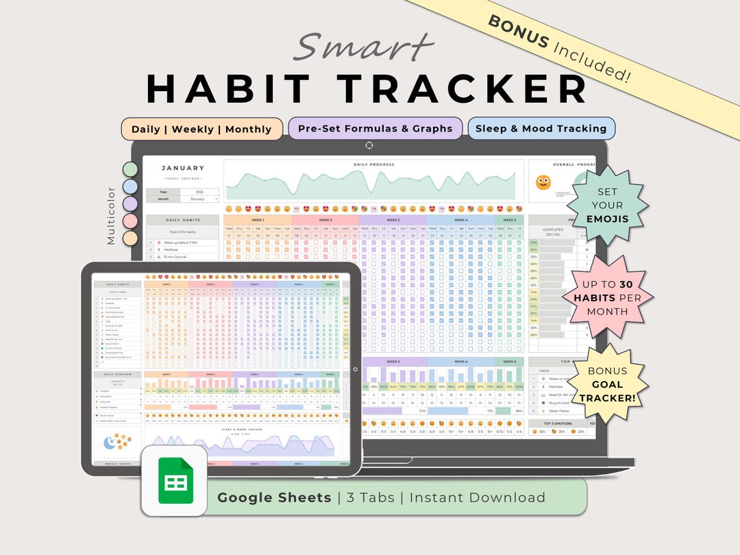 Habit Tracker Google Sheets Multicolor, Daily Weekly Monthly ...