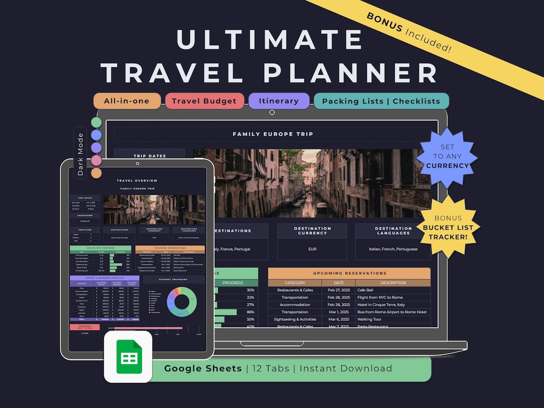 Ultimate Travel Planner Google Sheets Dark Mode, Trip Budget Expenses ...