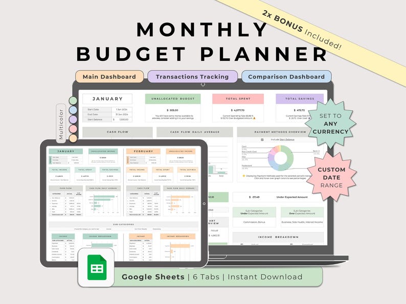 Budget Planner Google Sheets Multicolor, Monthly Paycheck Biweekly ...