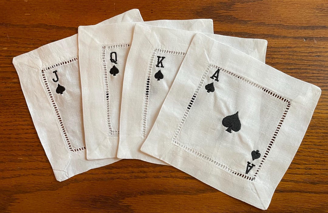 Embroidered Playing Card Cocktail Napkins: Spade Suite, Linen, Set of 4 ...