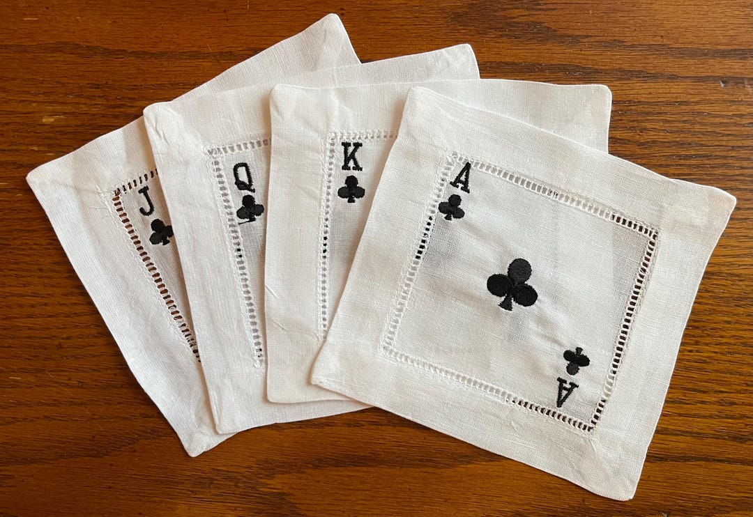 Embroidered Playing Card Cocktail Napkins: Club Suite, Linen, Set of 4 ...