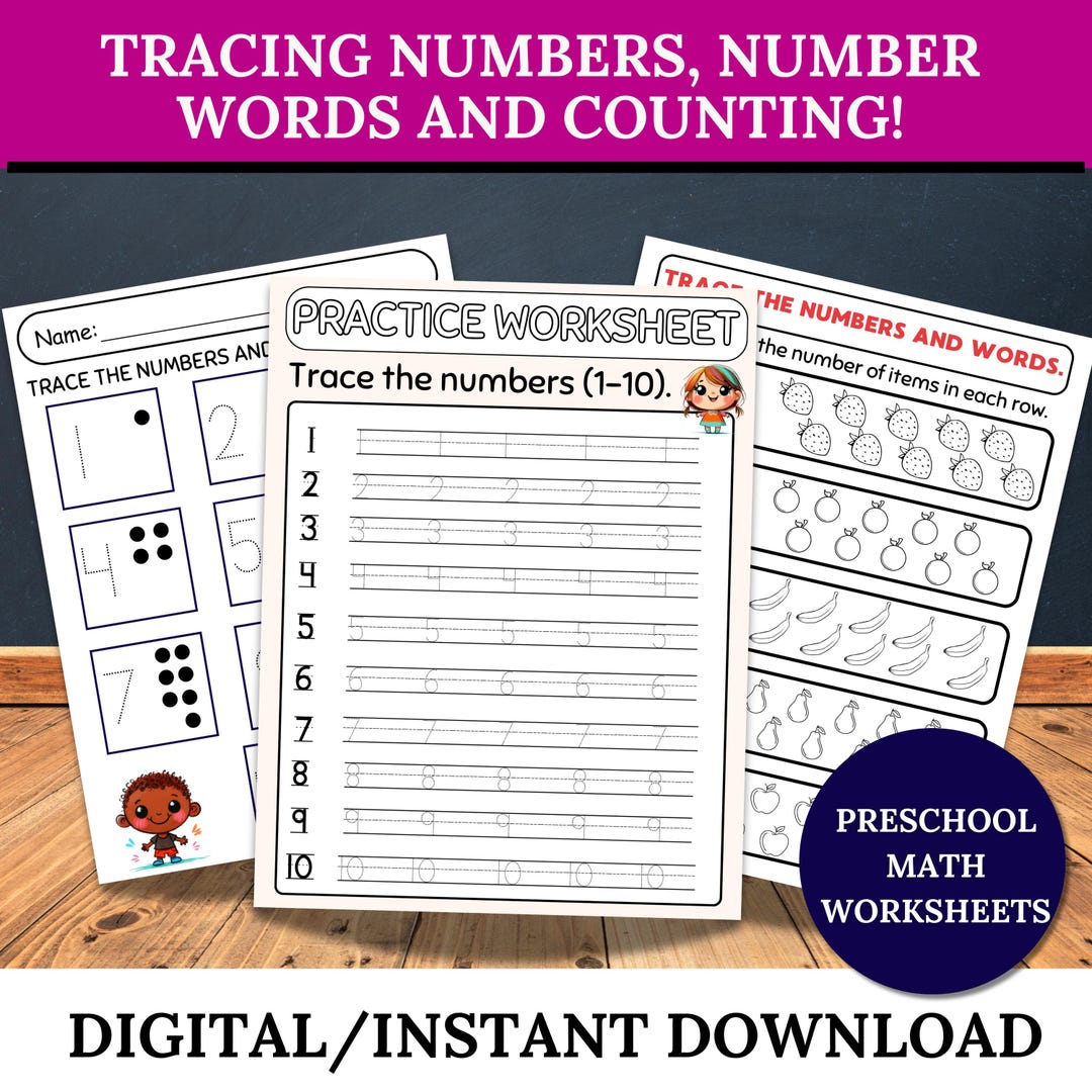 Prek Math Worksheets: Tracing Numbers, Number Words and Counting! Great ...