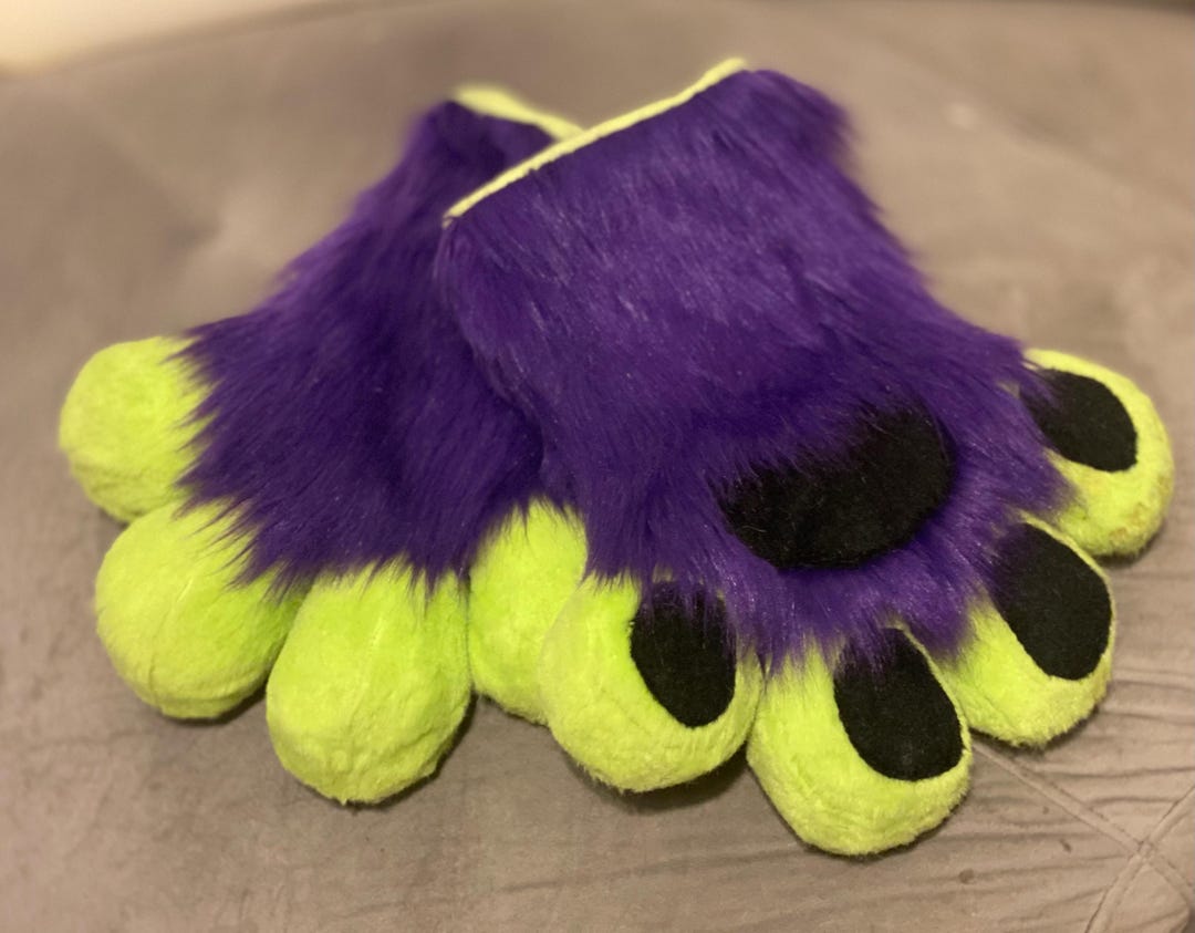 HQ Lined Purple and Neon Green Fursuit Hand Paws With Black Paw Pads ...
