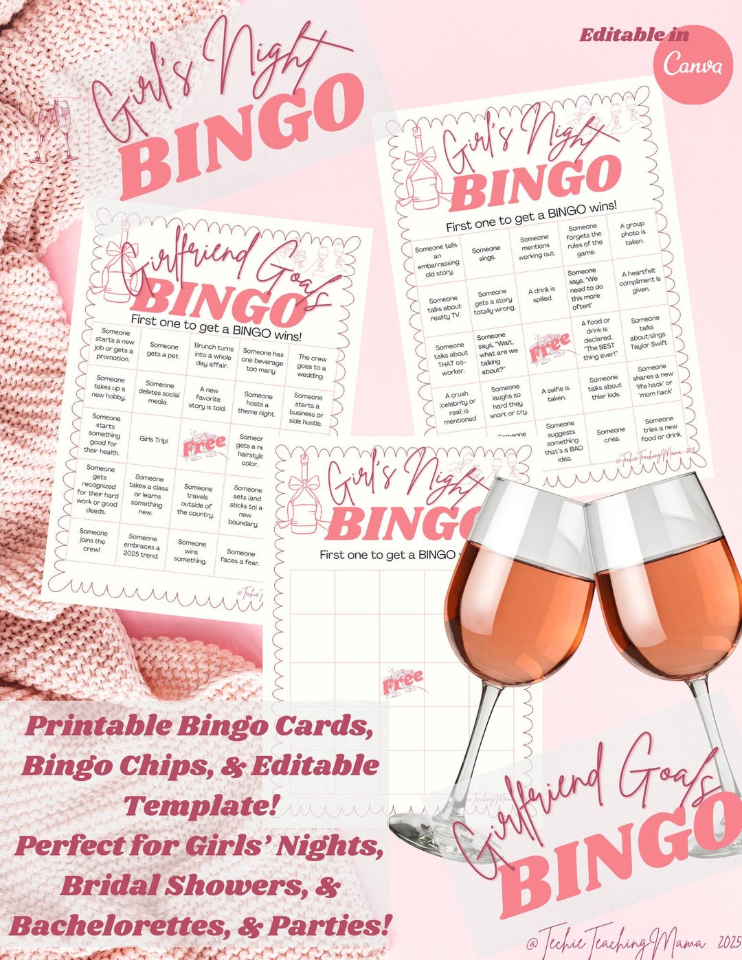 Girlfriend Goals & Girl’s Night Bingo | Printables + Editable Canva ...