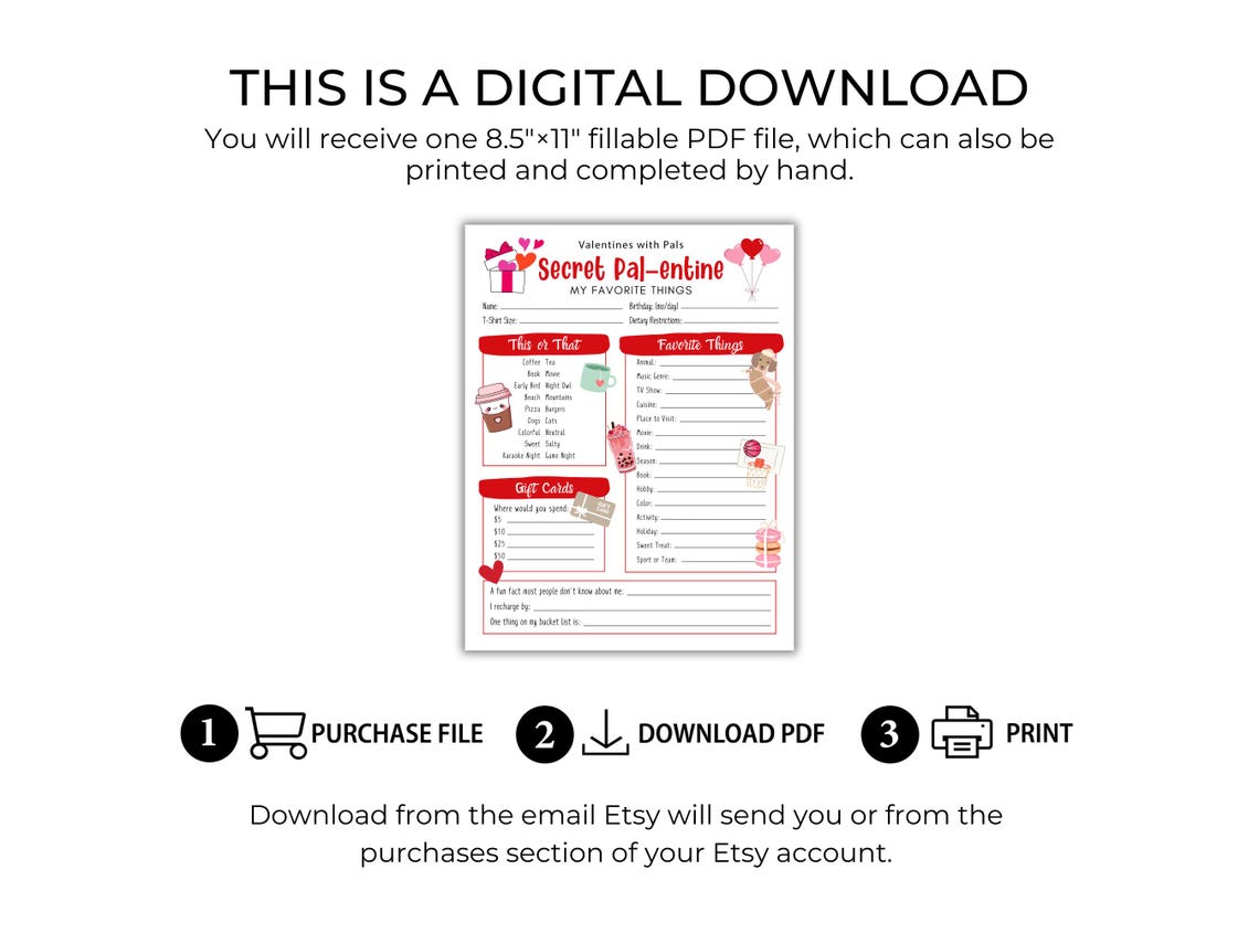 Secret Pal-entine Survey Questionnaire Fillable PDF or Hand Write ...