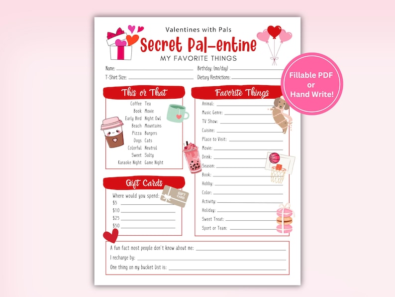 Secret Pal-entine Survey Questionnaire Fillable PDF or Hand Write ...