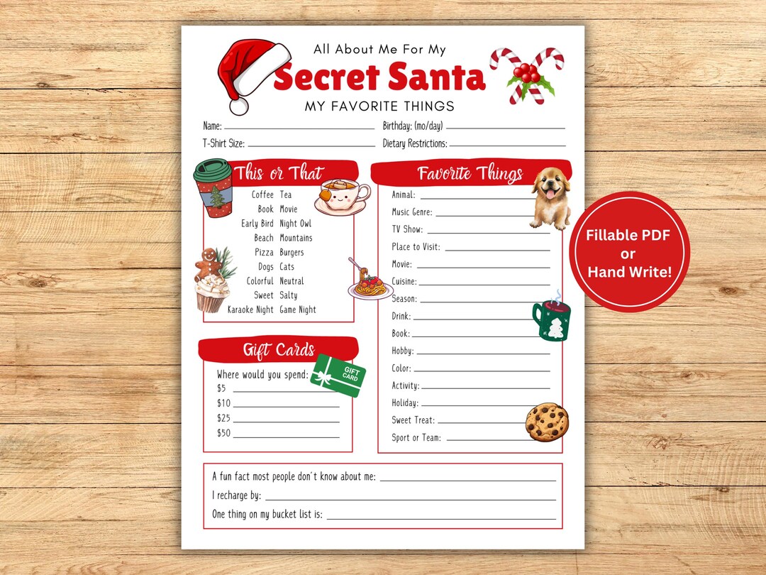 Secret Santa Questionnaire Printable | My Favorite Things | Printable ...