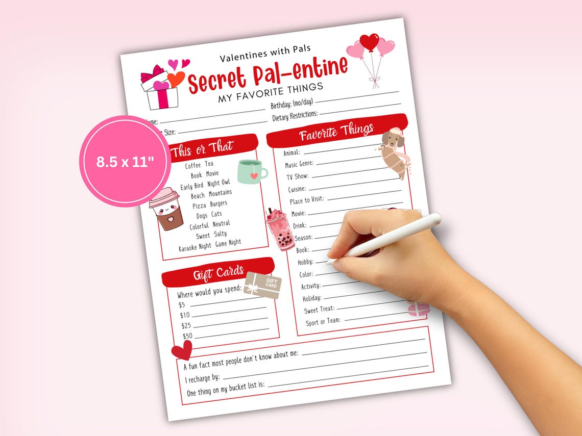 Secret Pal-entine Survey Questionnaire Fillable PDF or Hand Write ...