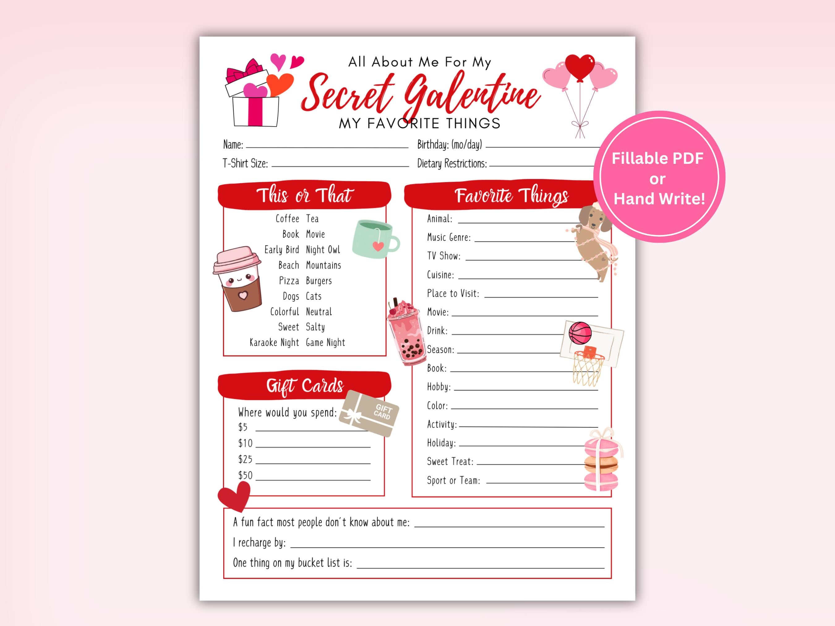 Secret Galentine Questionnaire - Fillable PDF or Hand Write | My ...