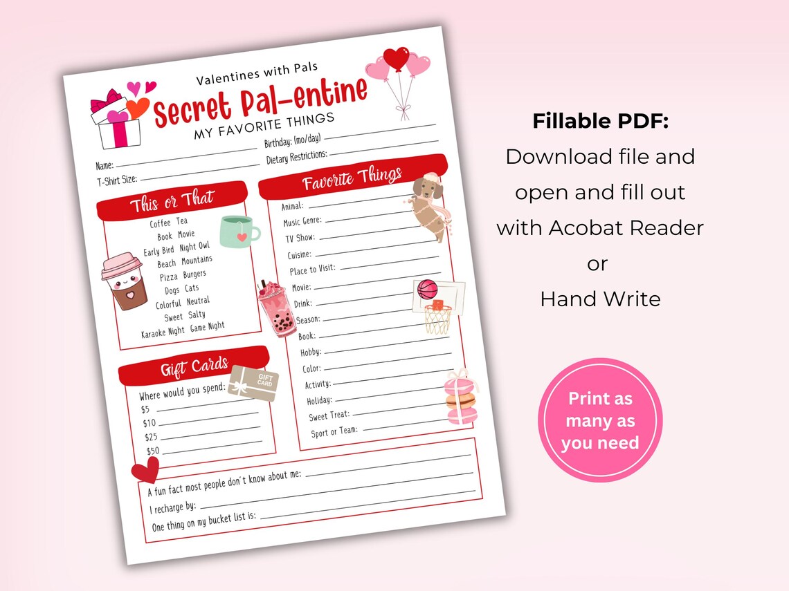 Secret Pal-entine Survey Questionnaire Fillable PDF or Hand Write ...