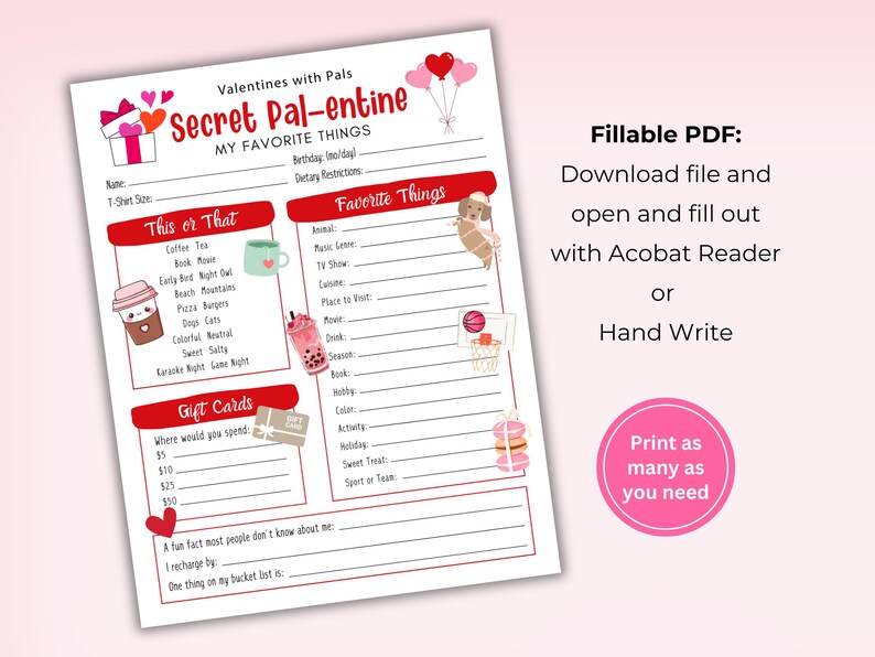 Secret Pal-entine Survey Questionnaire Fillable PDF or Hand Write ...