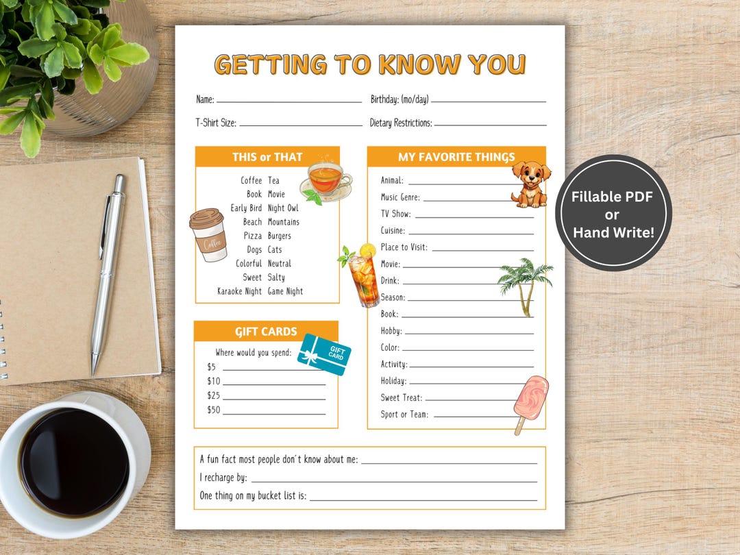 Getting to Know You Questionnaire | Fillable PDF | Favorite Things ...