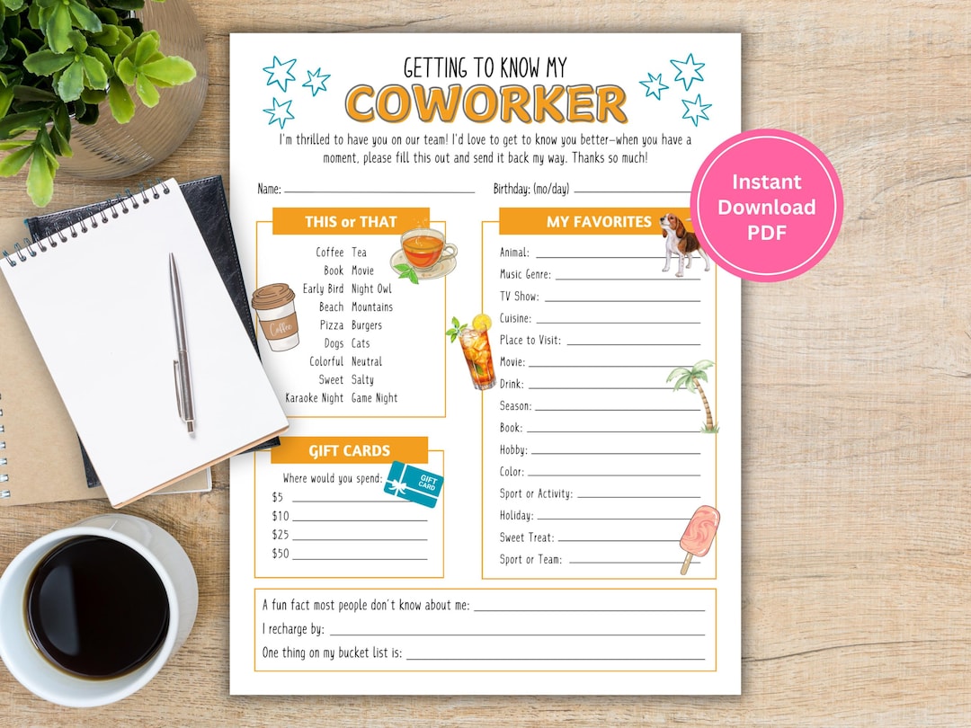 Get to Know Coworker Questionnaire | Coworker Favorite Things ...